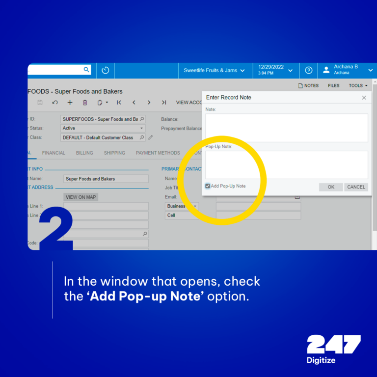 Pop-Up Notes in Acumatica - 247Digitize
