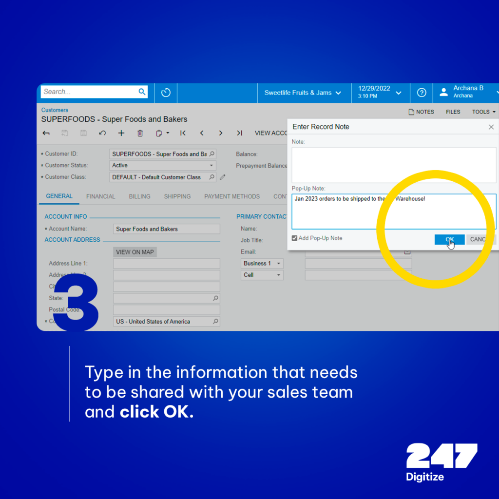 Pop-Up Notes in Acumatica - 247Digitize